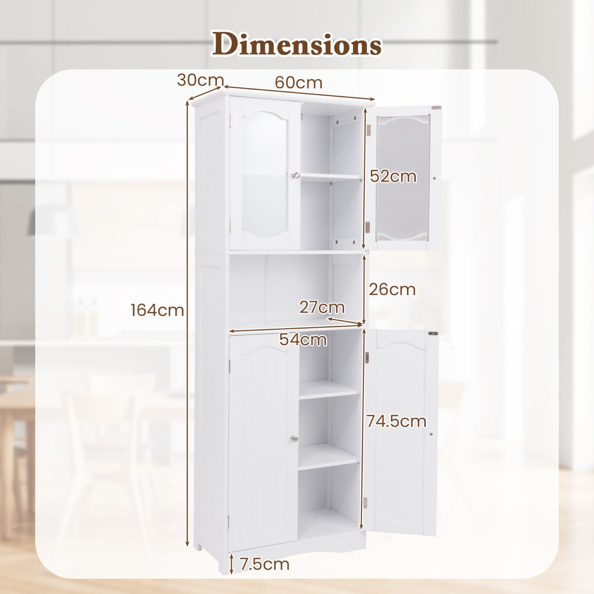 Tall White Bathroom Storage Cabinet with Frosted Glass Doors & Adjusta ...