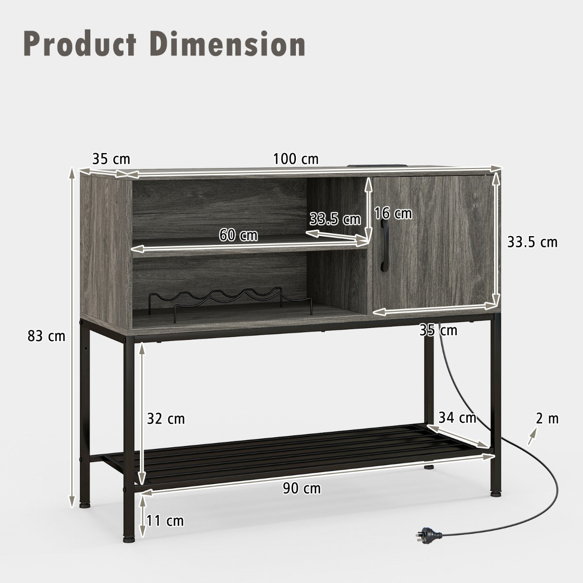 Industrial Buffet Sideboard with Power Outlets & Ample Storage - Grey ...