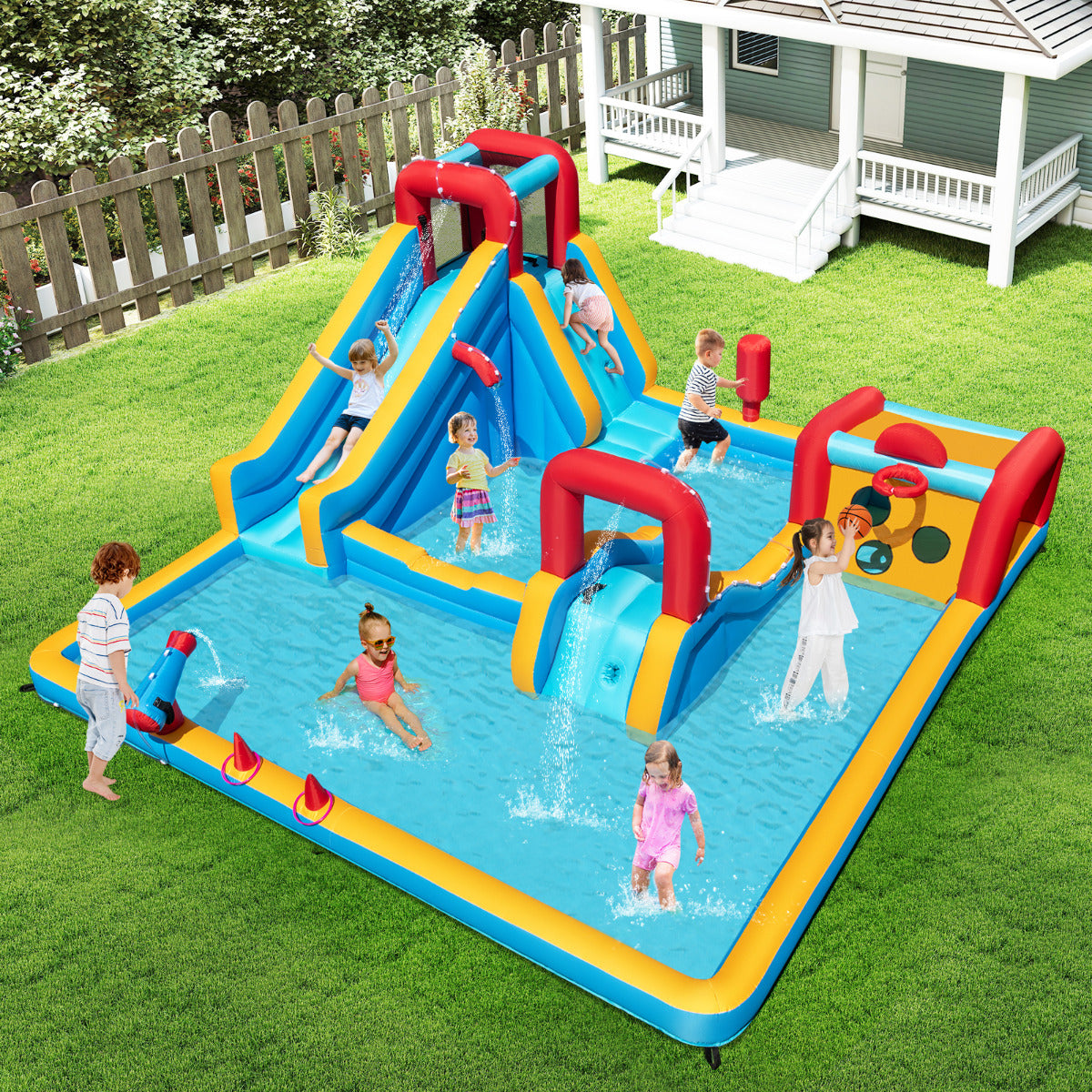 Inflatable Water Park with Climbing Wall and 680W Blower for Birthday ...