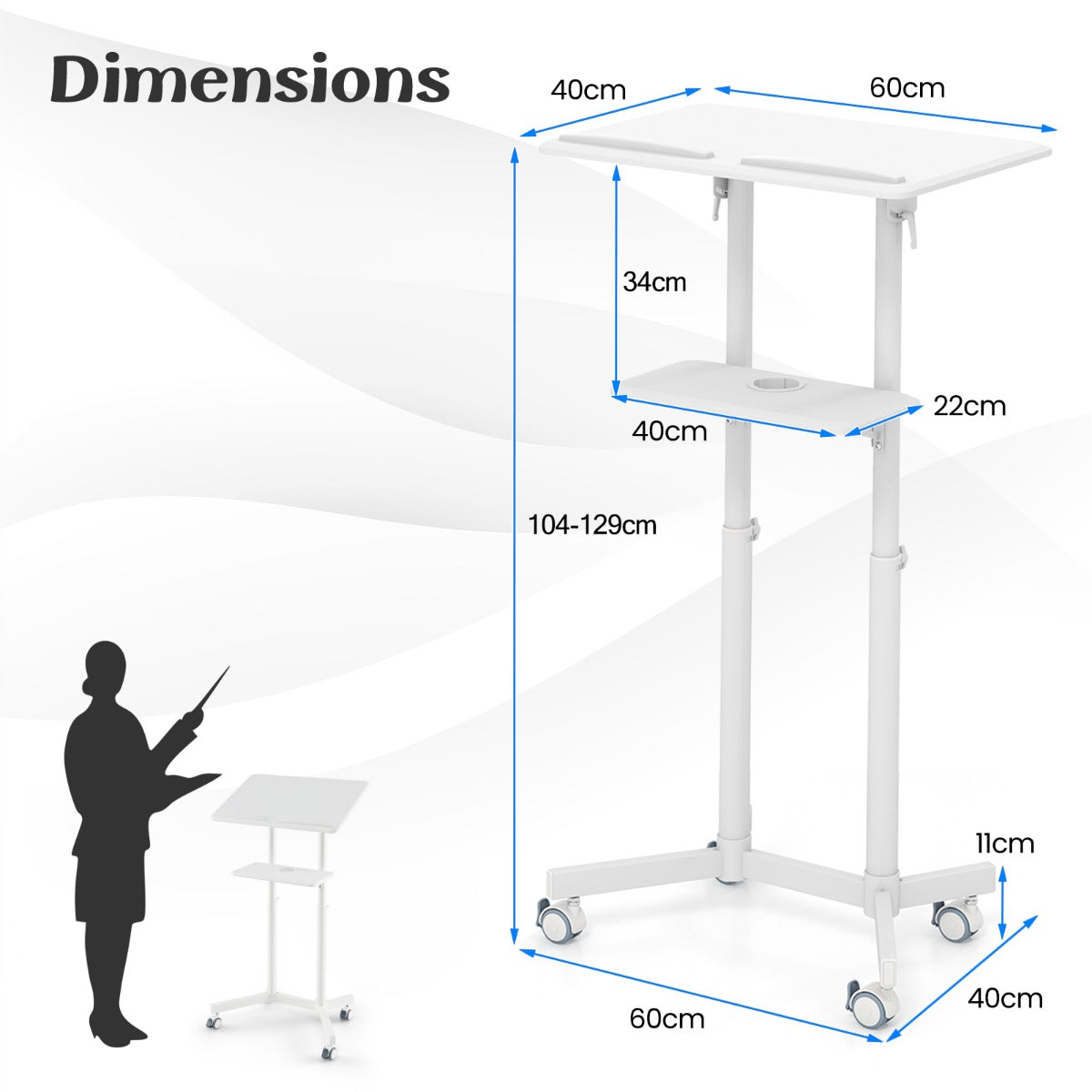 Mobile Adjustable Podium Stand with Tilting Top and Storage, White ...