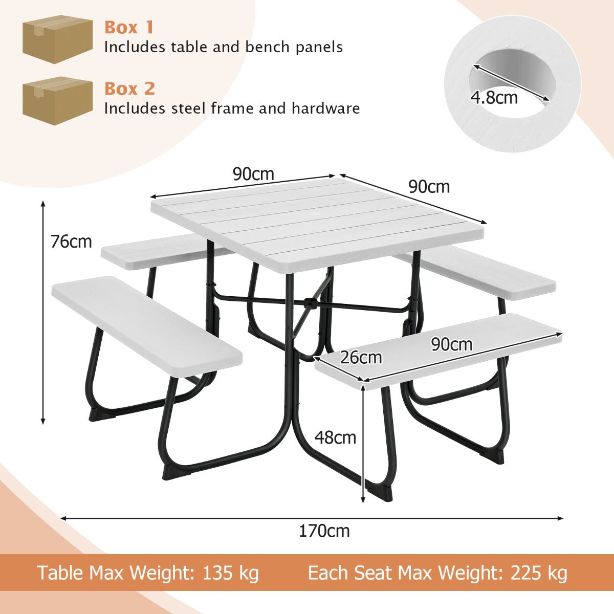 8-Person Square Picnic Table Set with Benches, 225 kg Capacity, White ...