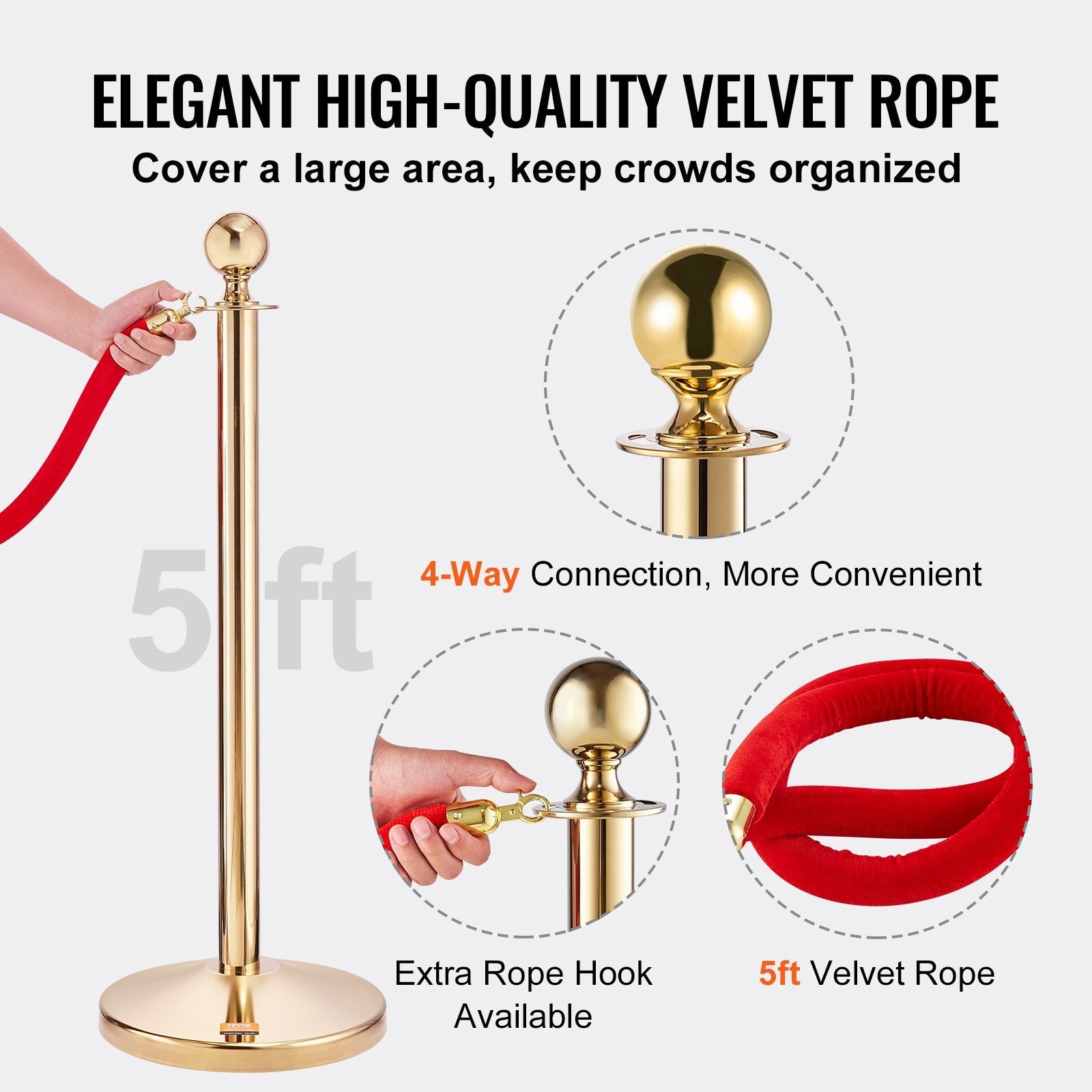 Stainless Steel Queue Stanchions with Red Velvet Ropes, 4-Pack Crowd D ...