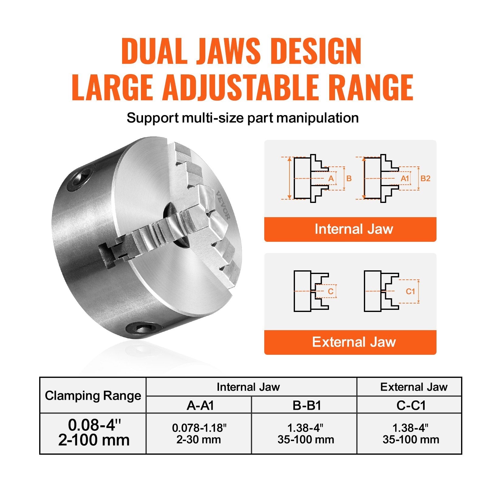 3-Jaw Self-Centering Lathe Chuck, 100 mm Diameter, 2-100 mm Clamping R ...