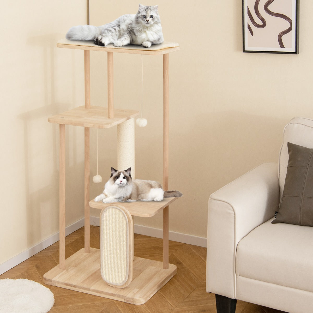 Costway 126CM Tall Cat Tower with Solid Oak and Beech Wood Frame ...